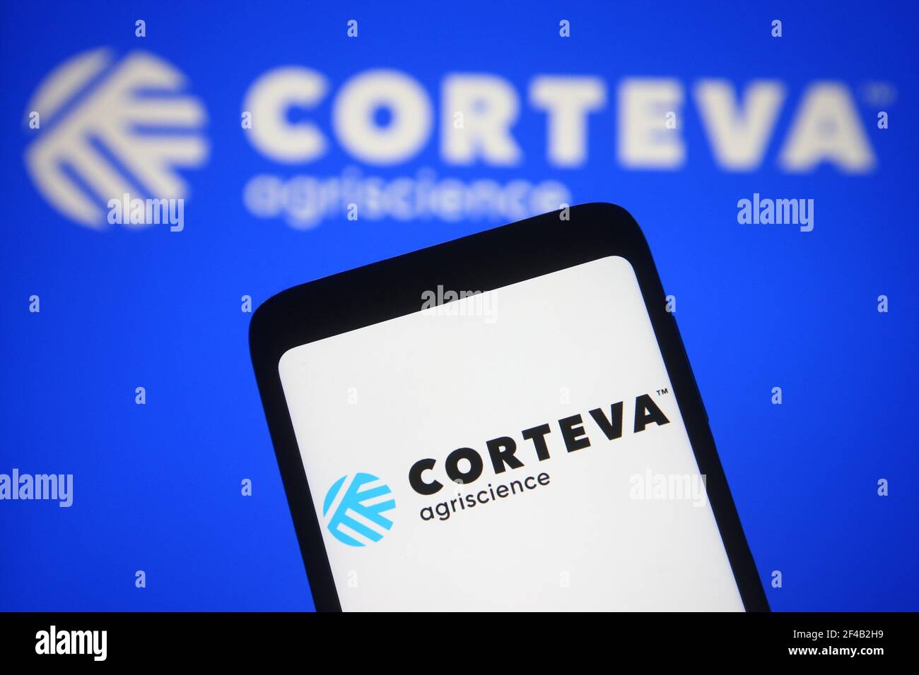 In this photo illustration, Corteva logo seen on a smartphone and a pc ...