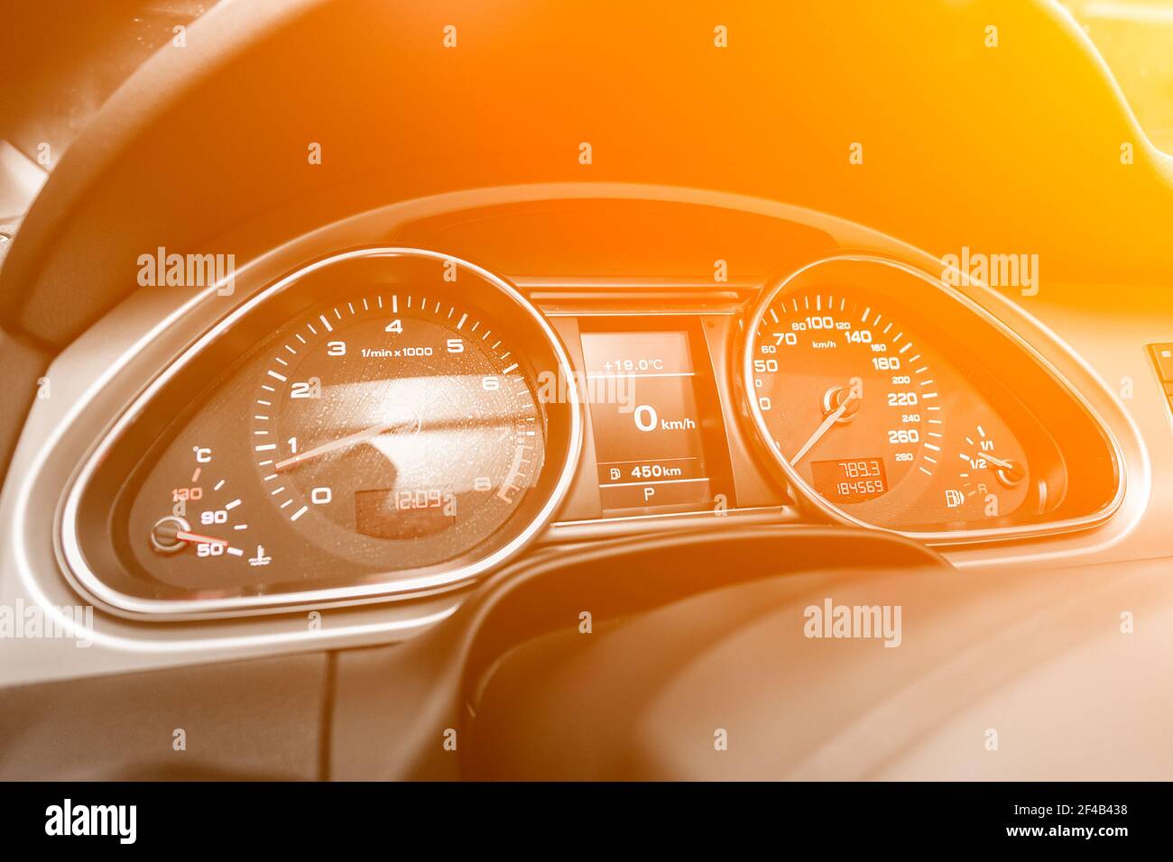 speedometer of a modern car with an integrated fuel gauge in the tank ...