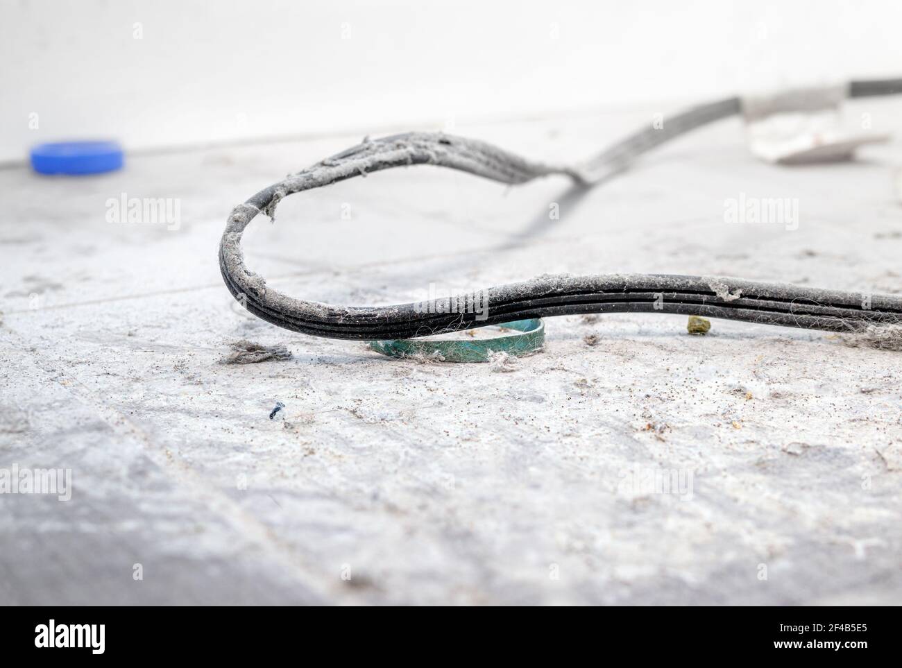 Thick layer of dust behind fridge or appliance. Close up of tiles ...