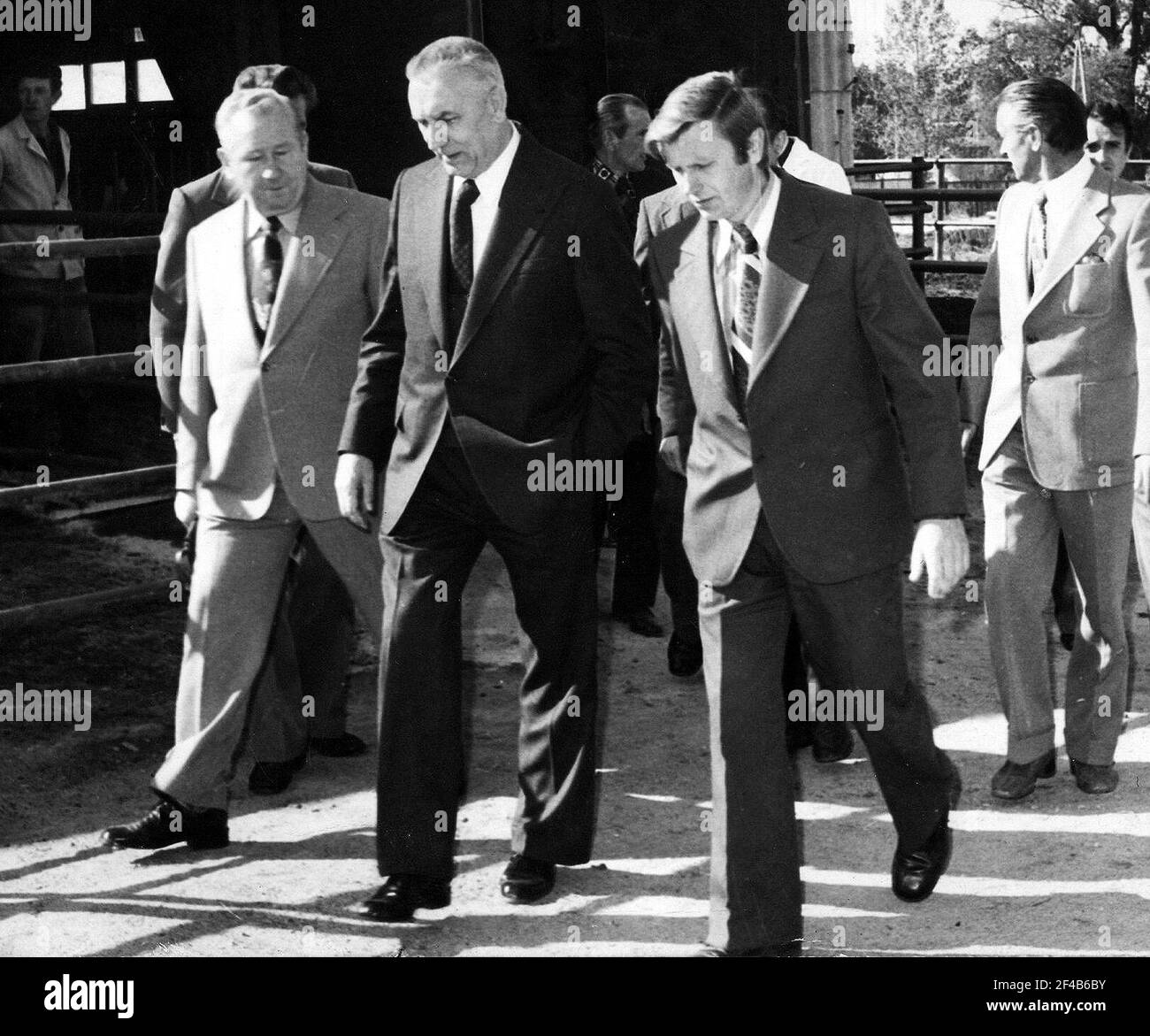 Edward Gierek visiting PGR in Rząśnik, Poland. On his left: director of ...