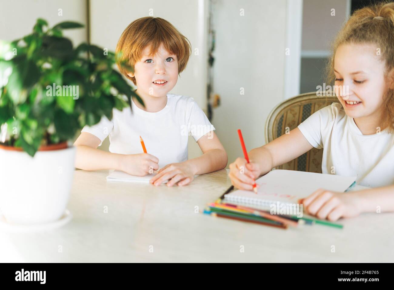 Two siblings brother and sister toddler boy tween girl drawing on table ...