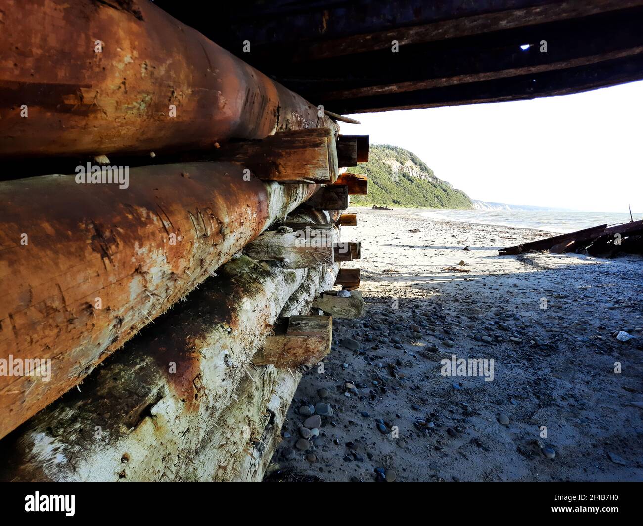 The beach is under an old wooden bridge made from tree logs. Green ...