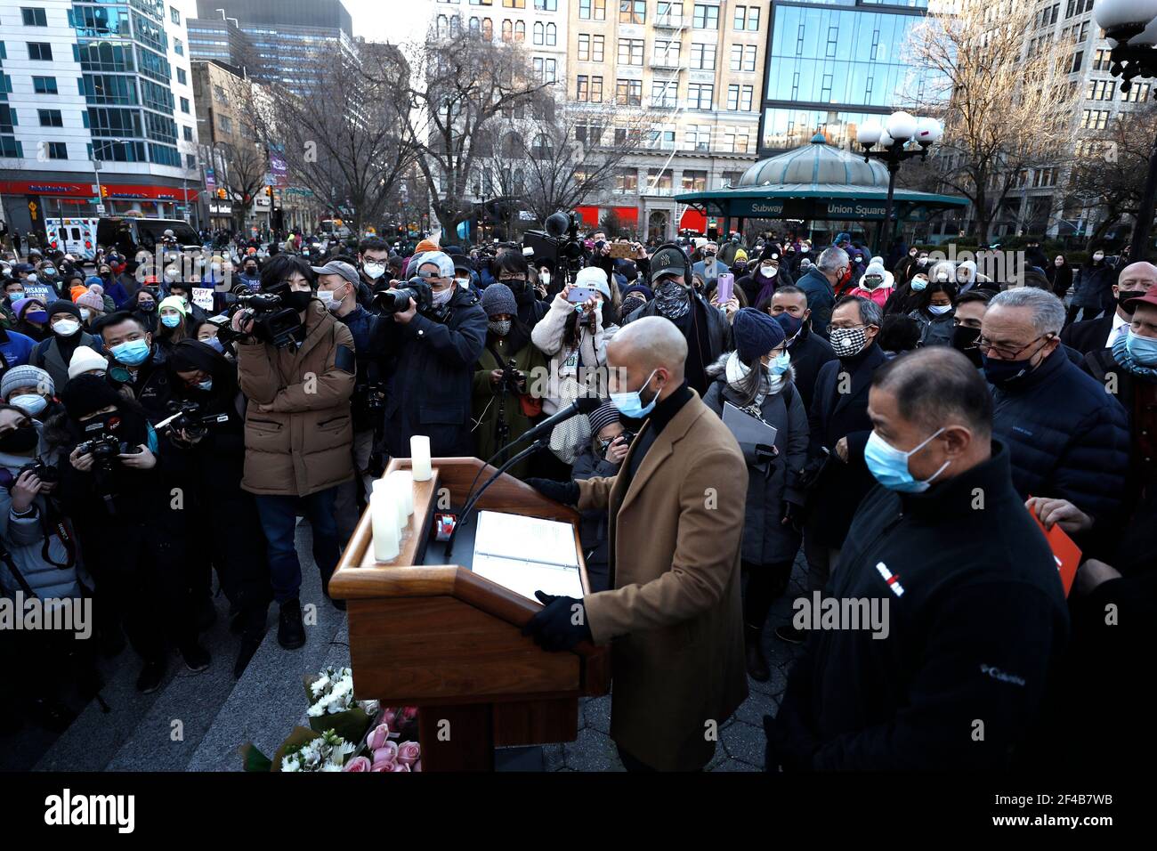New York, USA. 19th Mar, 2021. Speakers participate in a peace vigil to ...
