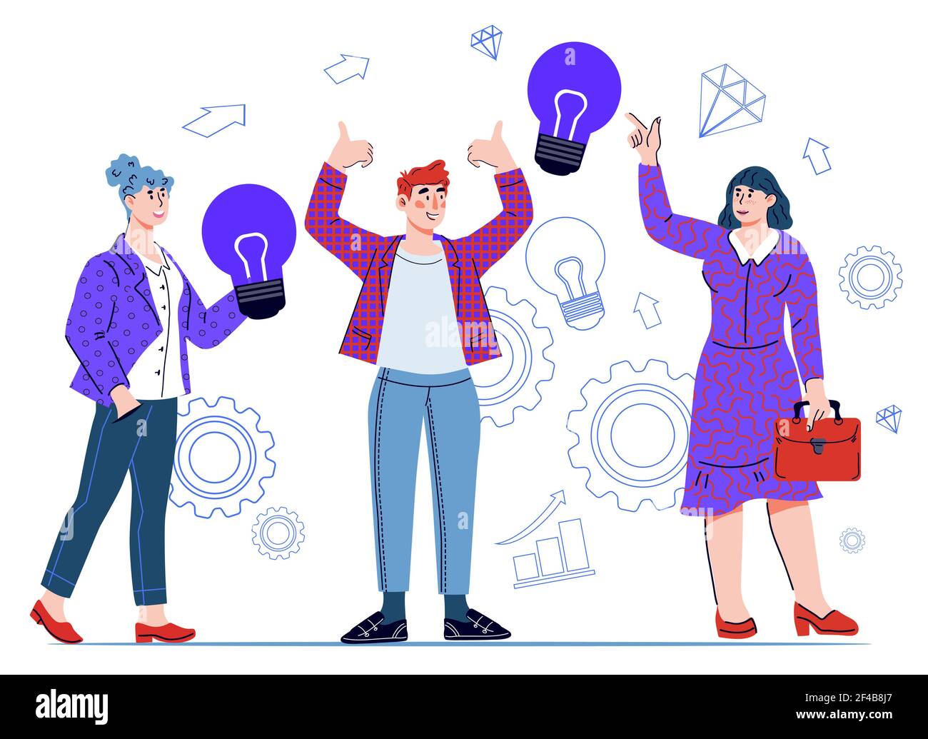 Business team people characters among various symbols of successful ...