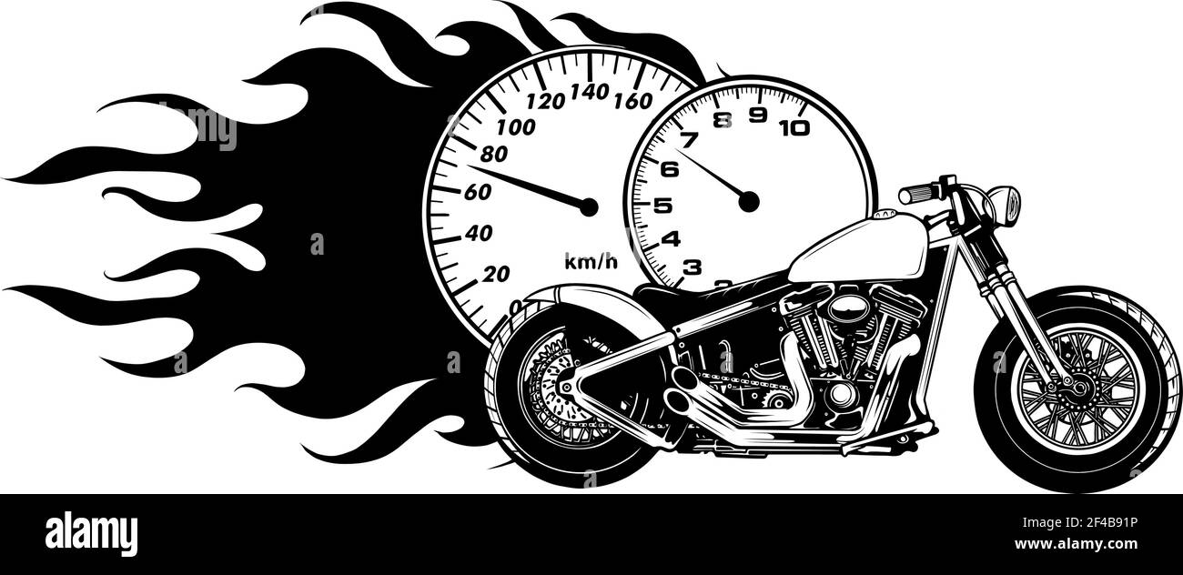 draw in black and white of Motorcycle woth flames sport vector ...