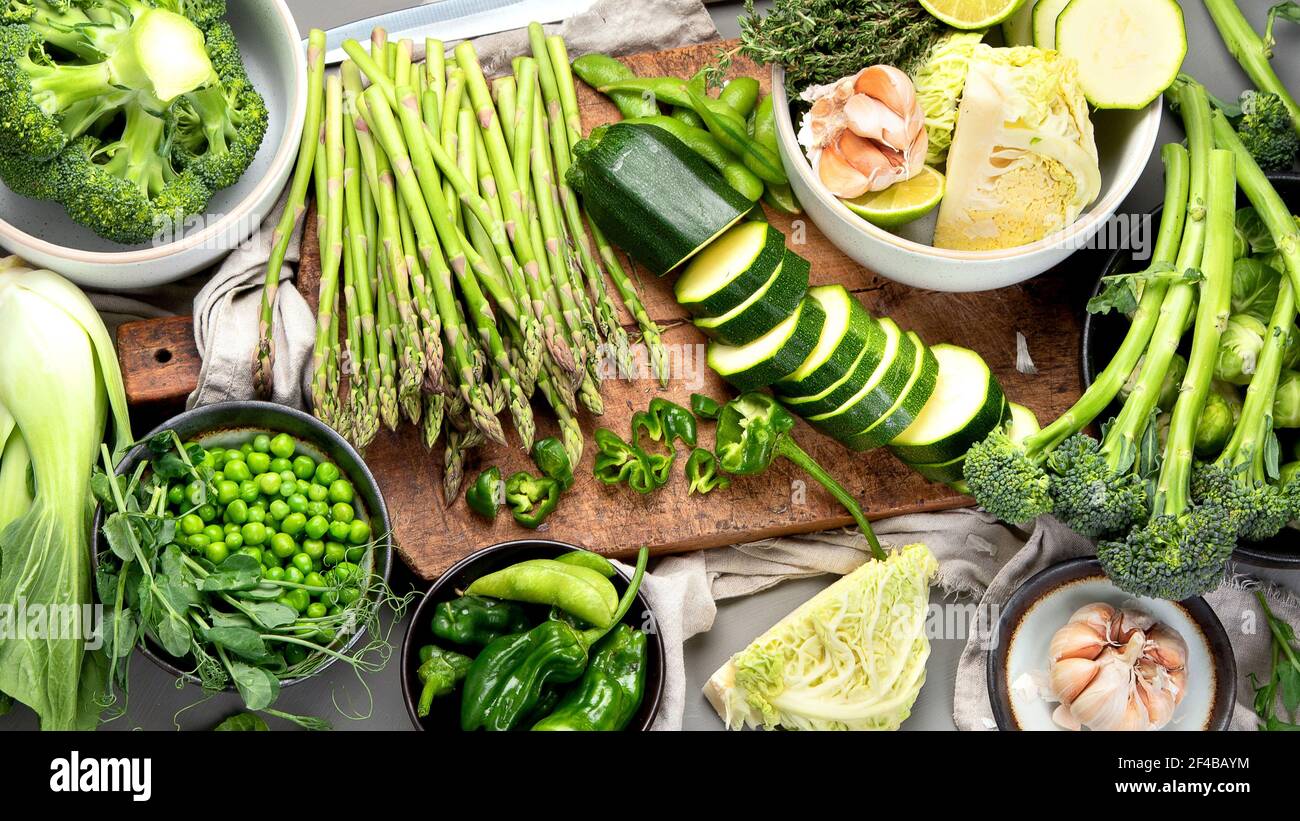 Set of various green vegetables and fruits like cabbage, broccoli ...