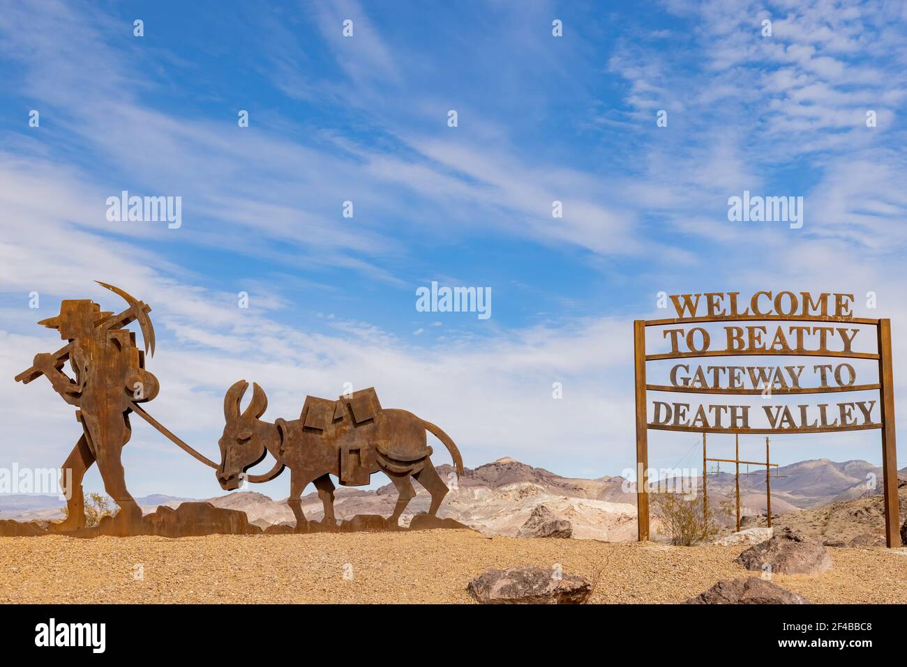 Metal sculpture sign before entering Beatty town at Nevada Stock Photo ...