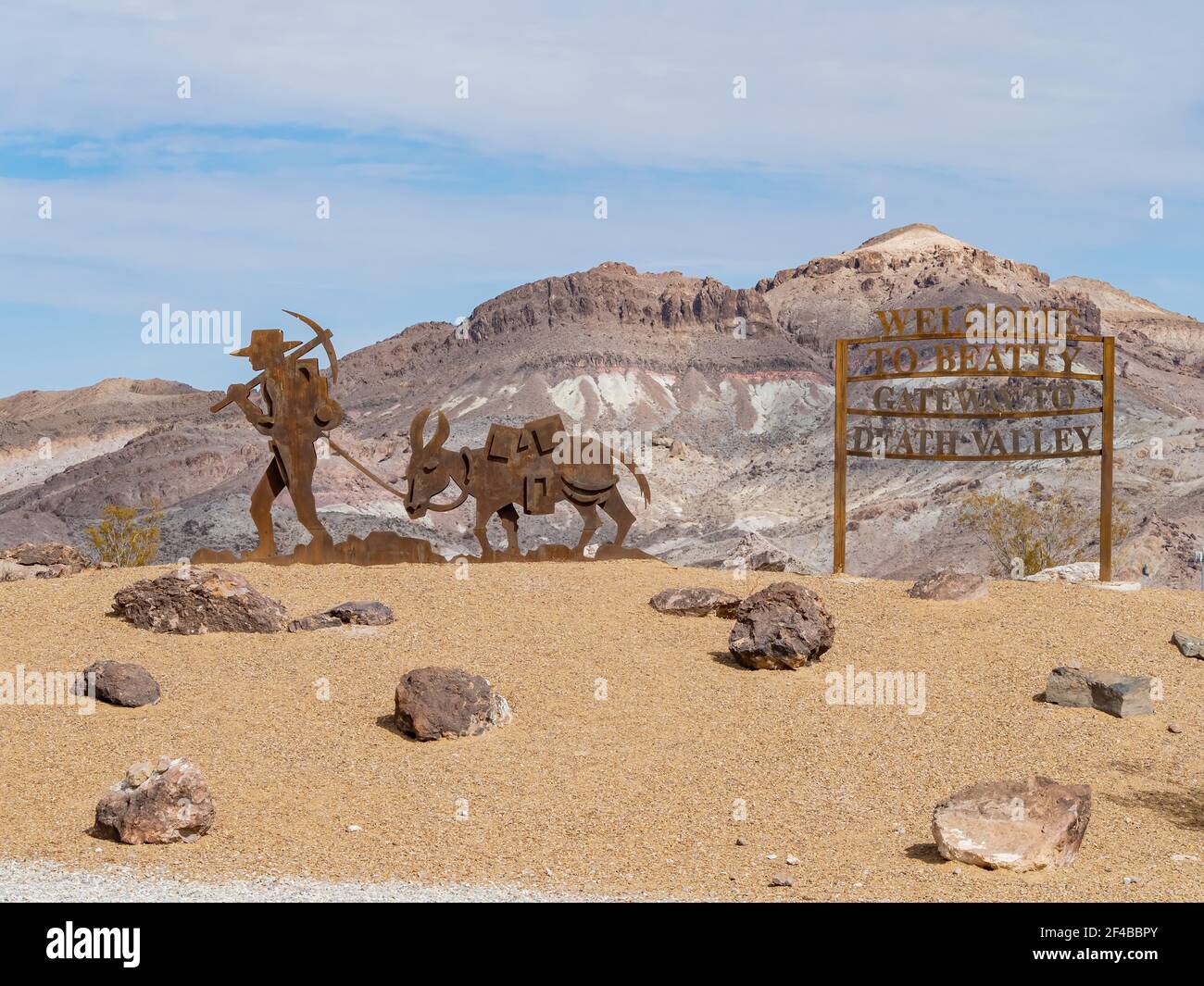 Metal sculpture sign before entering Beatty town at Nevada Stock Photo ...