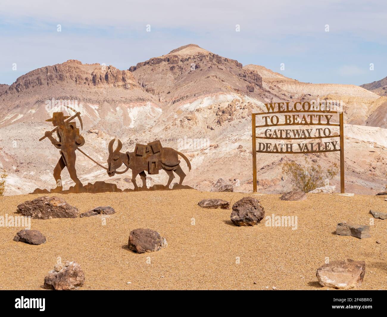 Metal sculpture sign before entering Beatty town at Nevada Stock Photo ...