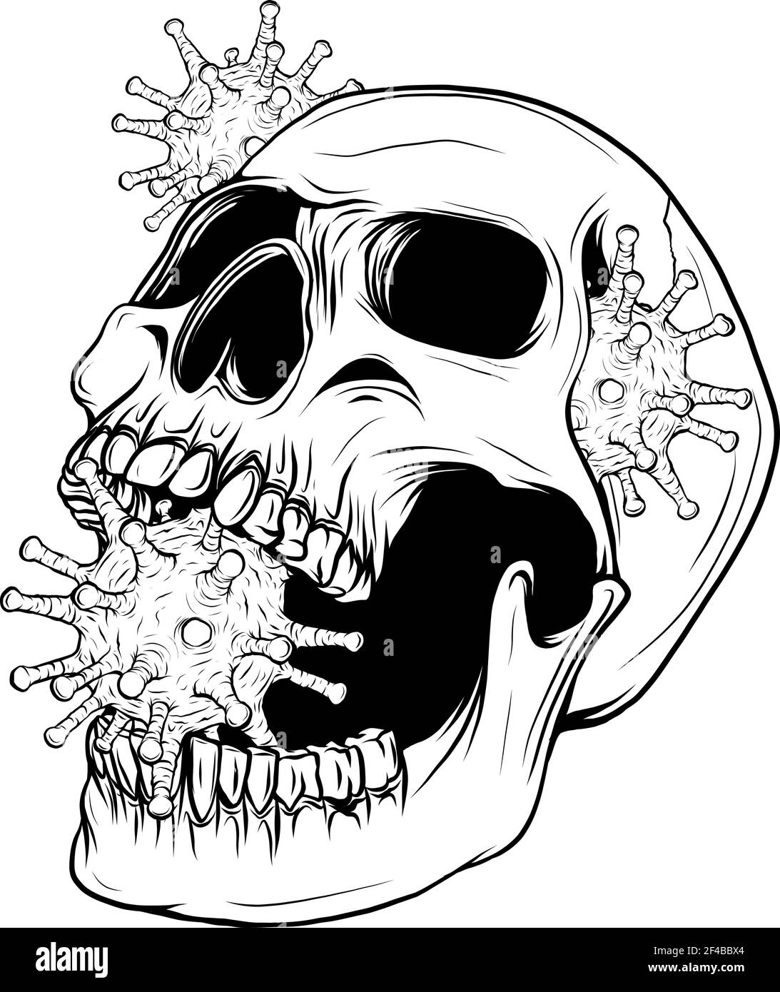 draw in black and white of human skull with virus vector illustration ...