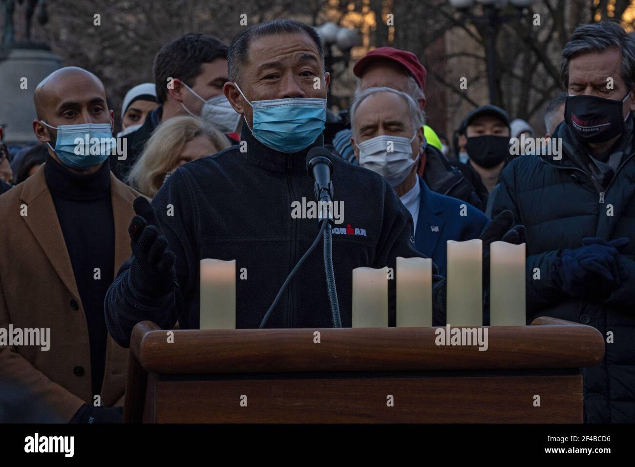 NEW YORK, NY - MARCH 19: Senator John Liu speaks at a peace vigil to ...