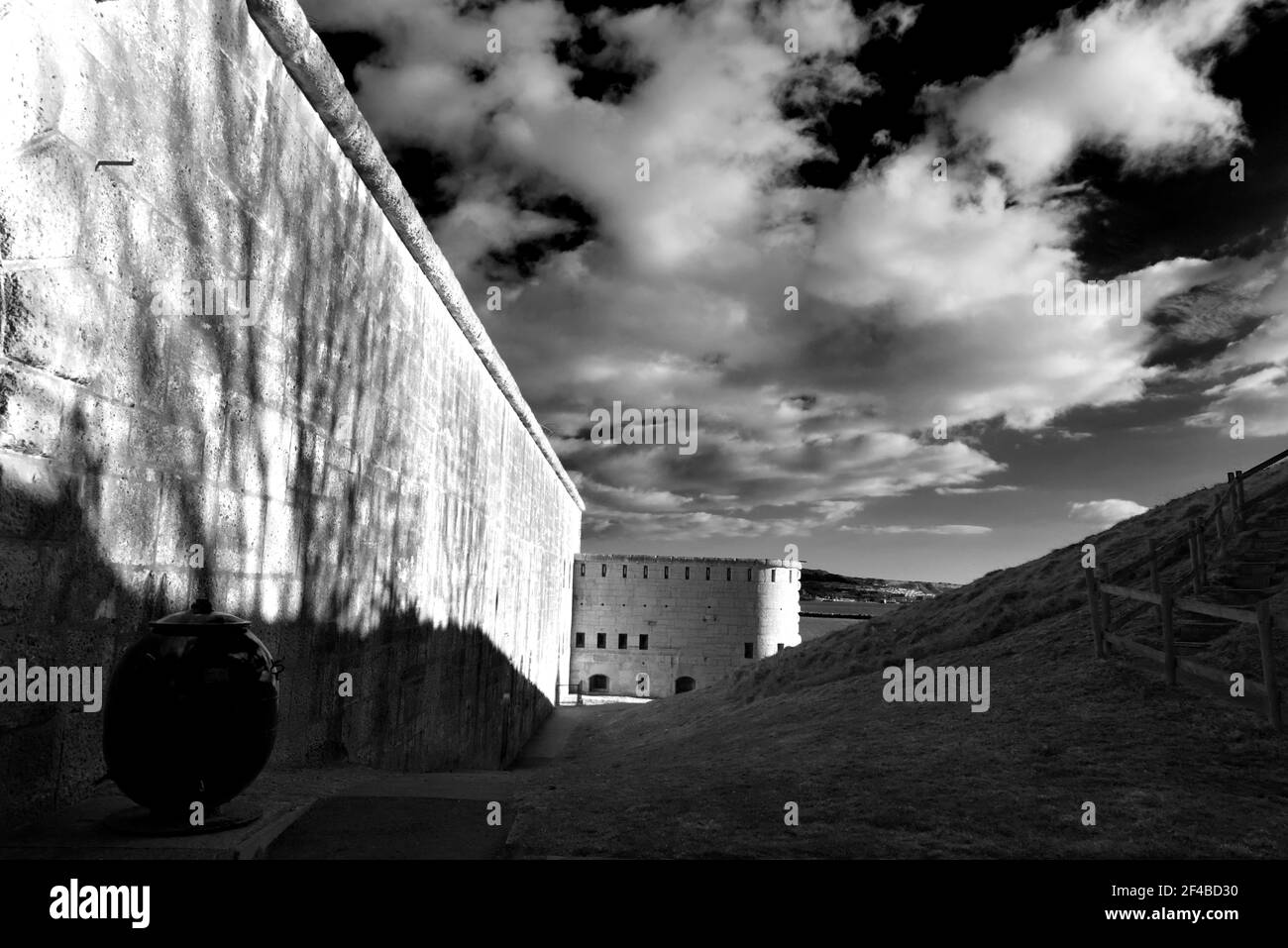 Nothe fort on a windy day, set in black and white which fits the ...