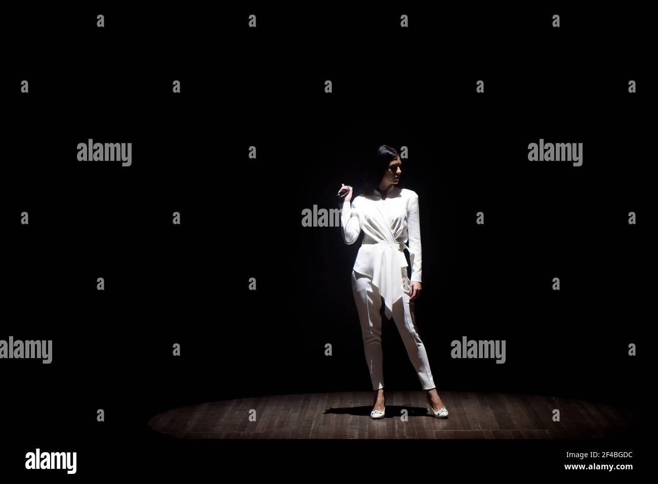 Artist performing live on scene in music hall Stock Photo - Alamy