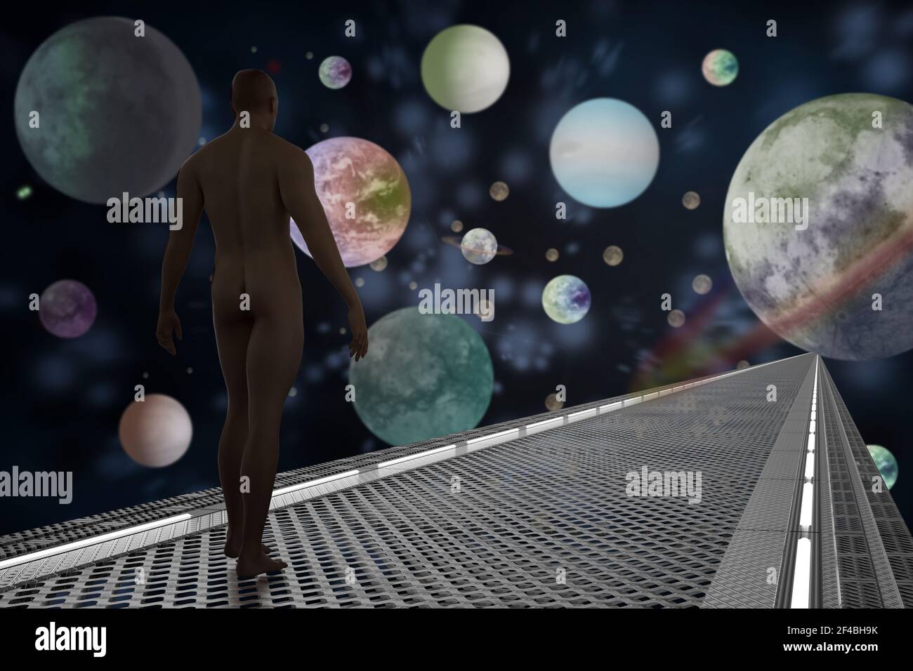 3d illustration. Man representing humanity is traveling on the road ...