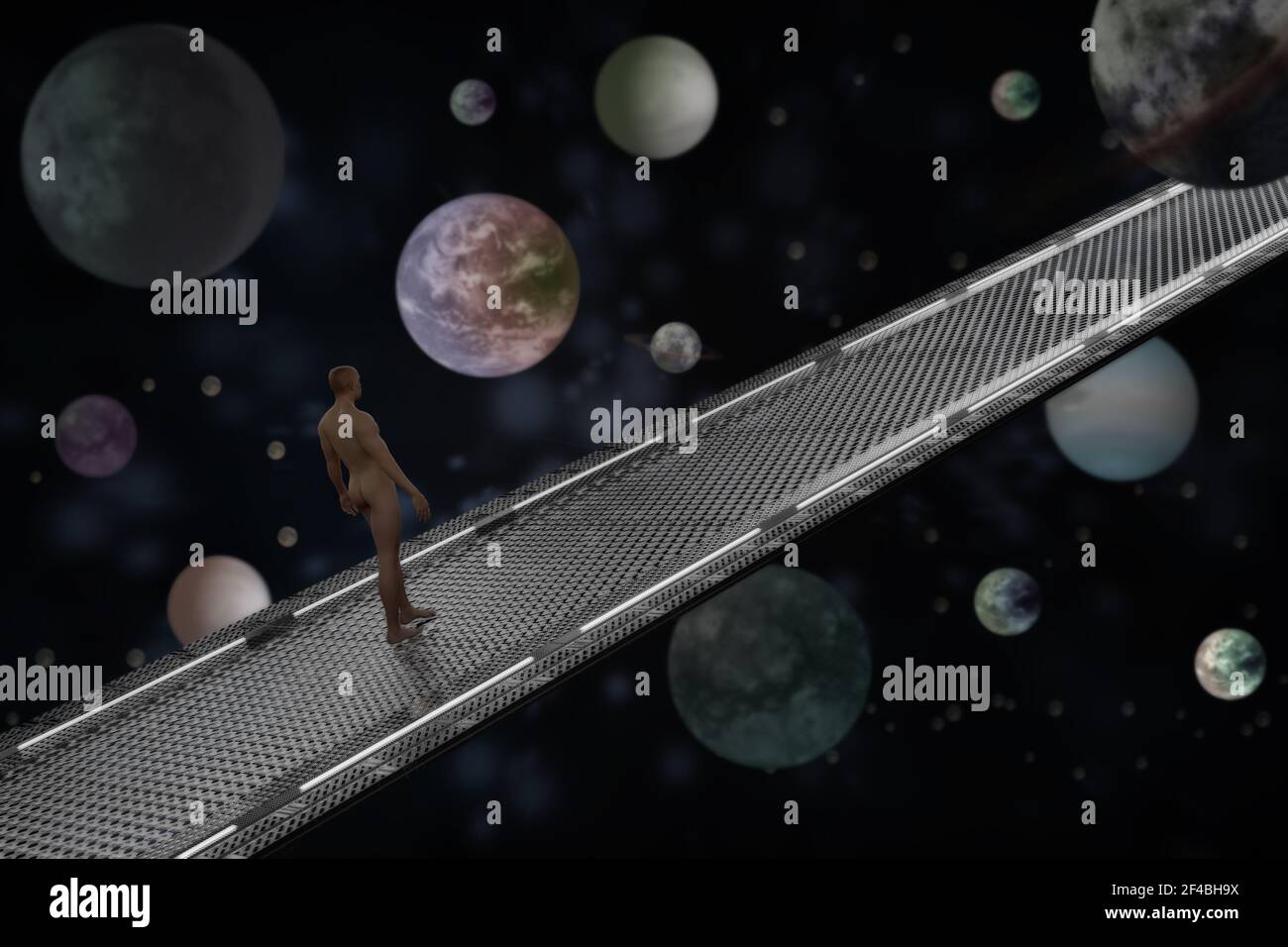 3d illustration. Man representing humanity is traveling on the road ...