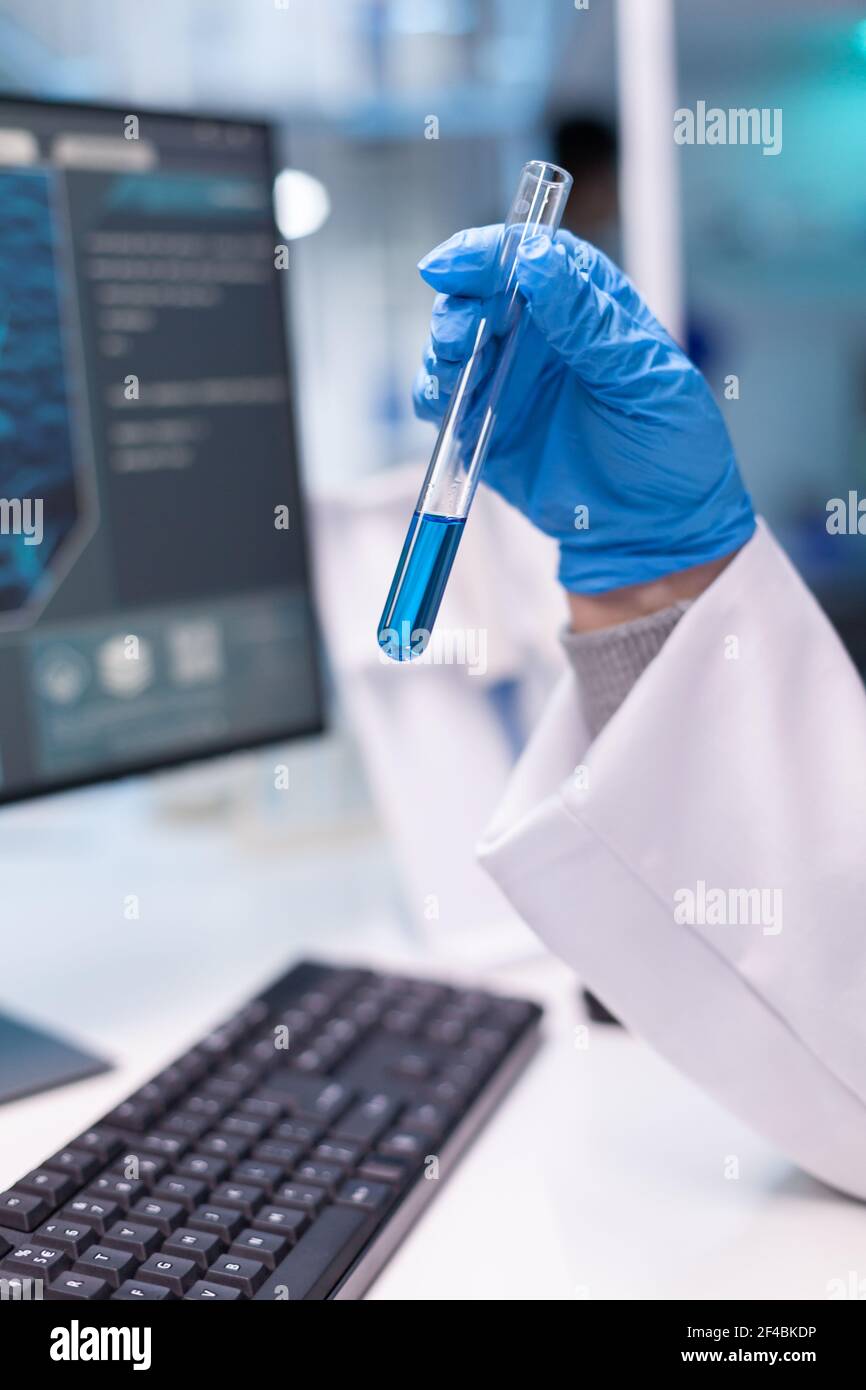 Closeup of test tubes for science experiment. Research of medical ...