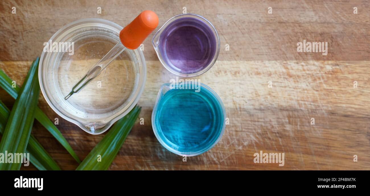 Chemicals for beauty care on wooden background (Top View). Potassium ...