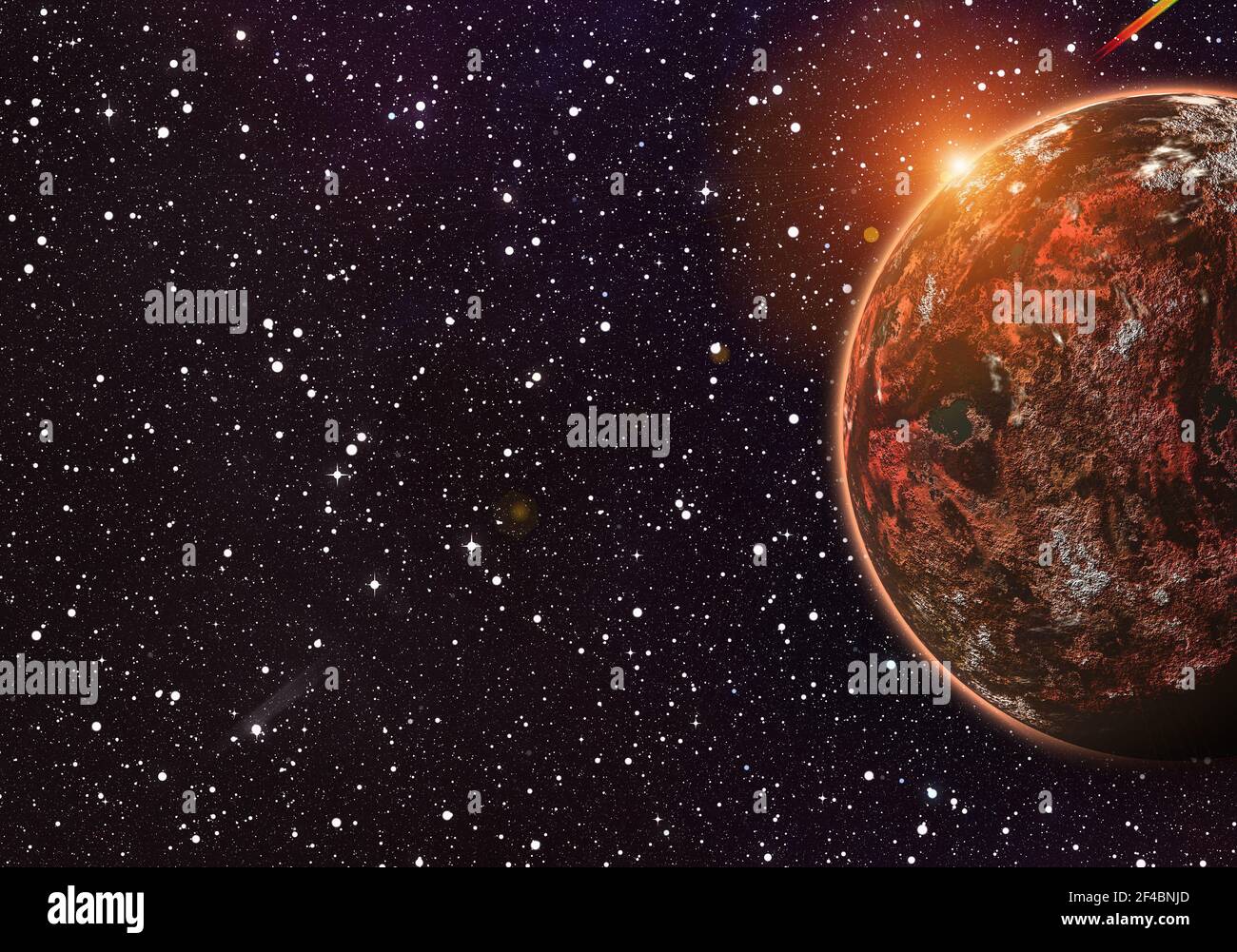 red planet on cosmos stars backgrounds with flash and flare effect ...