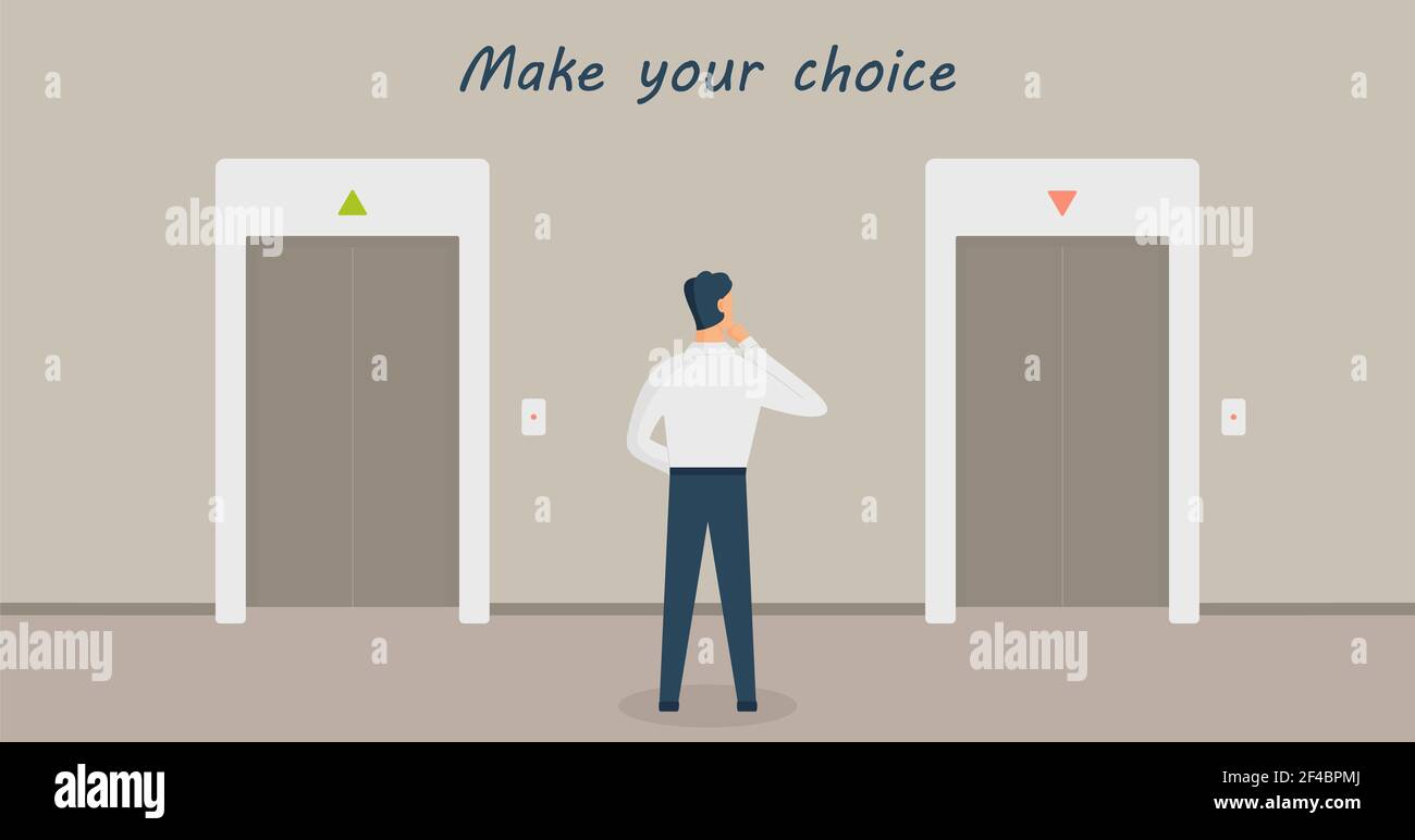 A man is standing in thought in front of two elevators and having ...