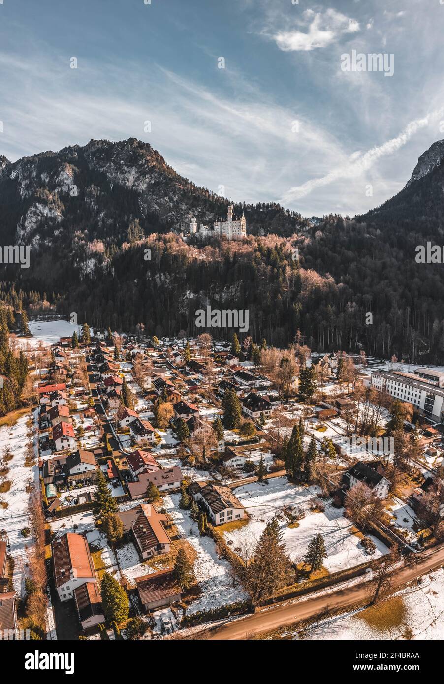 Aerial drone shot of picturesque Neuschwanstein Castle with view of ...