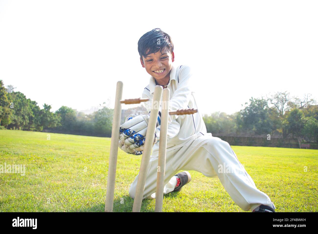 a boy wicket keeper stumping a during cricket game Stock Photo - Alamy