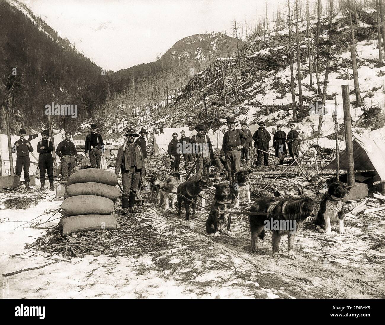 Gold fever camp of Yukon people near Dyea Canyon, Alaska 1897 Stock ...