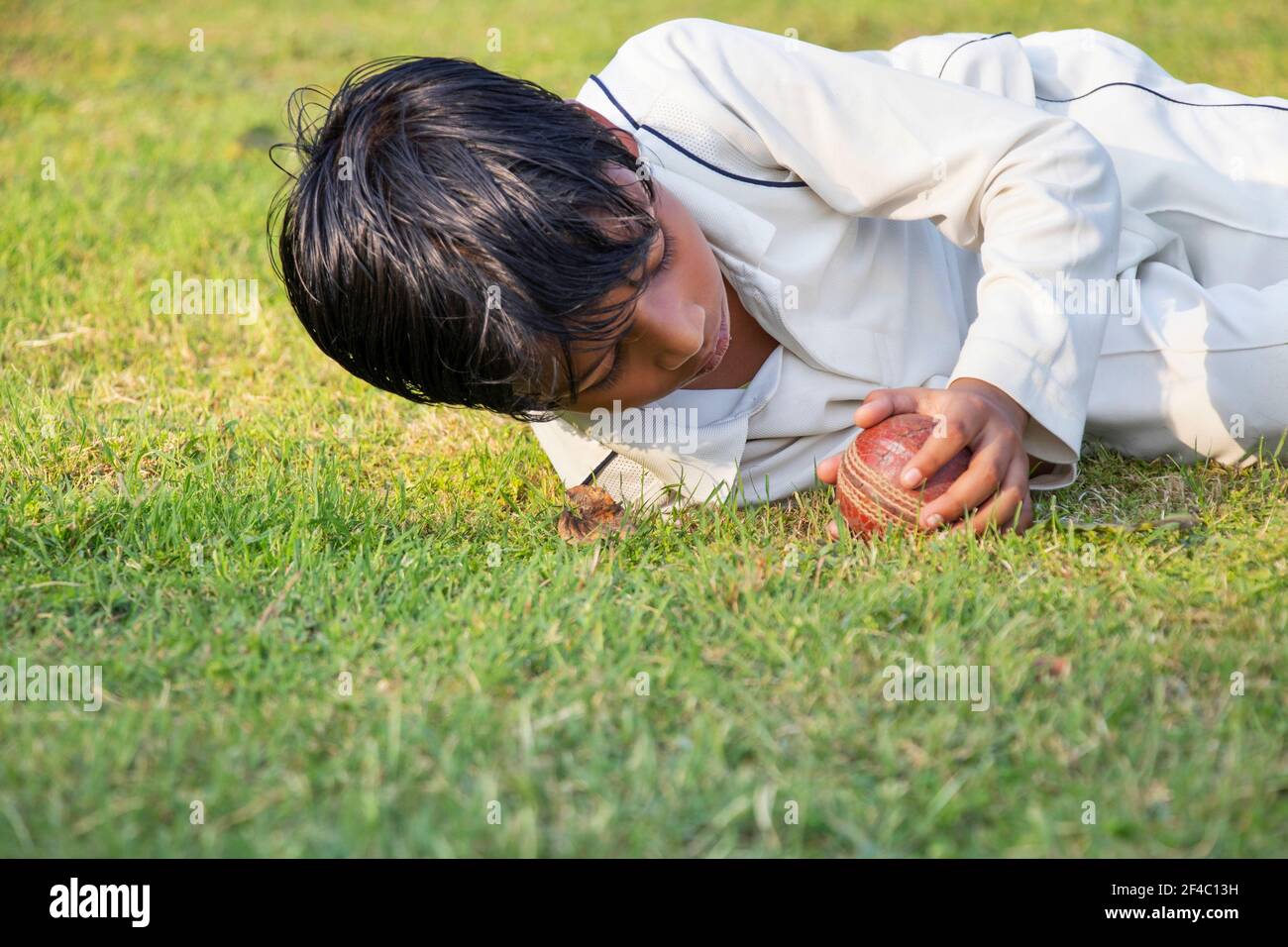 Boy catching cricket ball in the ground Stock Photo - Alamy