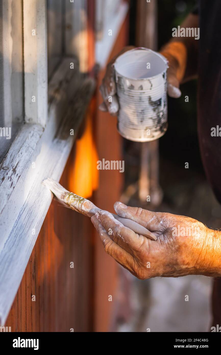 Senior man painting wooden windows using paintbrush. Repairing exterior ...