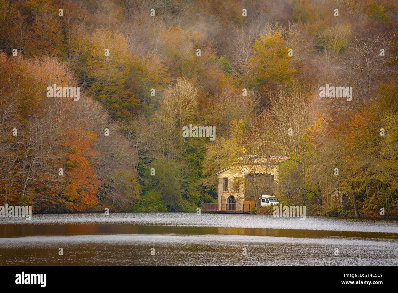 Forest around the Santa Fe de Montseny reservoir in autumn (Barcelona ...
