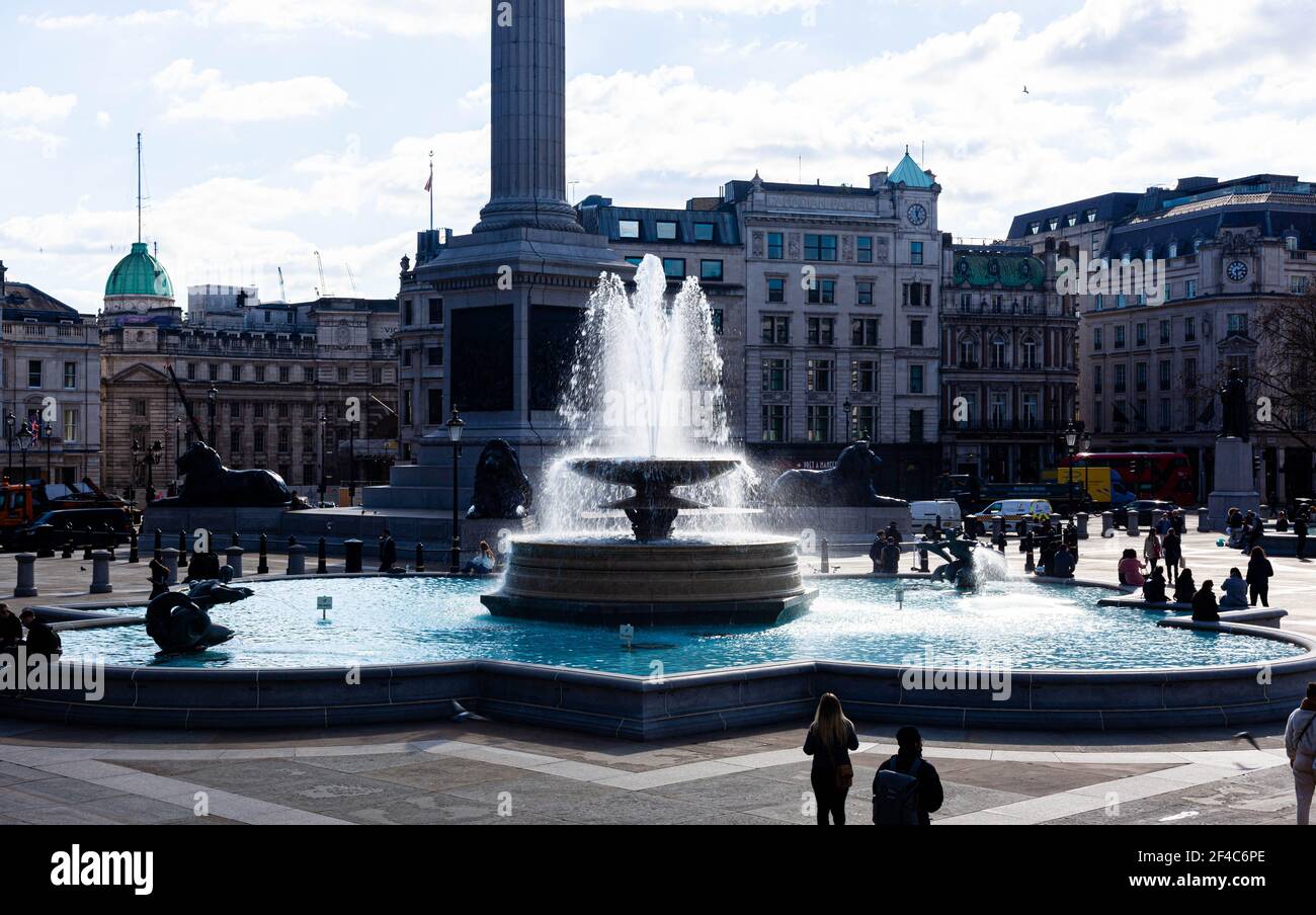 One of Trafalgar Square water fountains, Central London, England, UK Stock Photo - Alamy