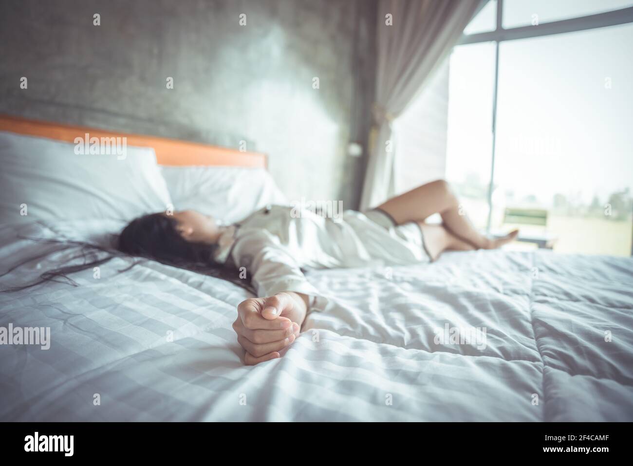 Single Asian Woman Sleeping Alone In Bed At Home Lonely Lady Missing