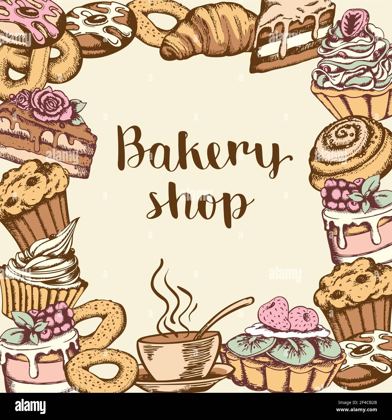 Vintage hand drawn vector background with bakery products and sweet ...
