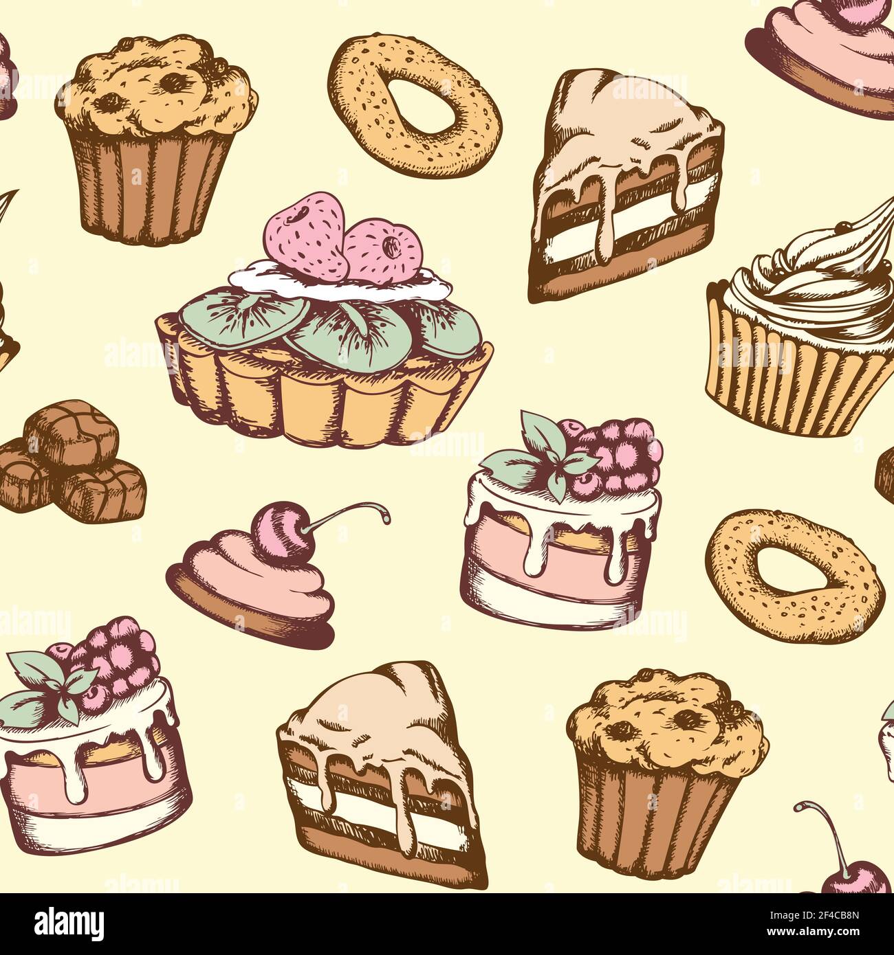 Hand drawn seamless pattern with candies and cakes in vintage style ...