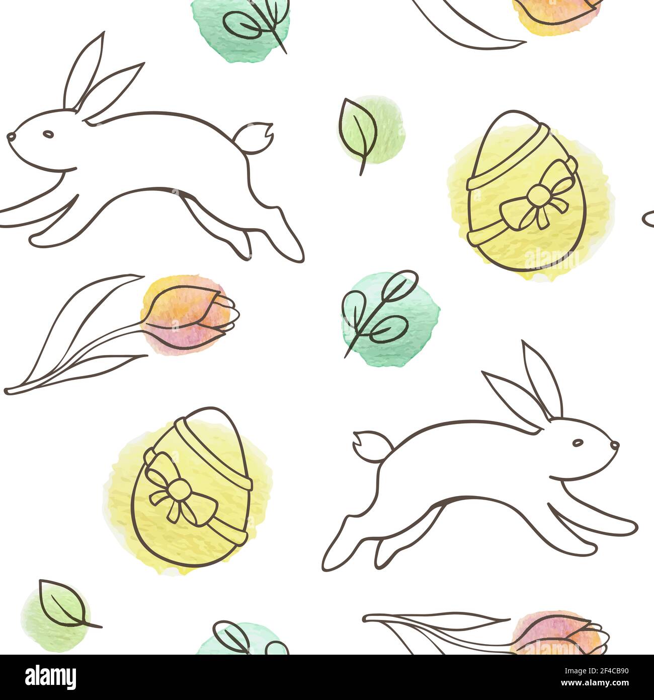 Hand drawn doodle Easter seamless pattern with rabbit, eggs and tulips ...