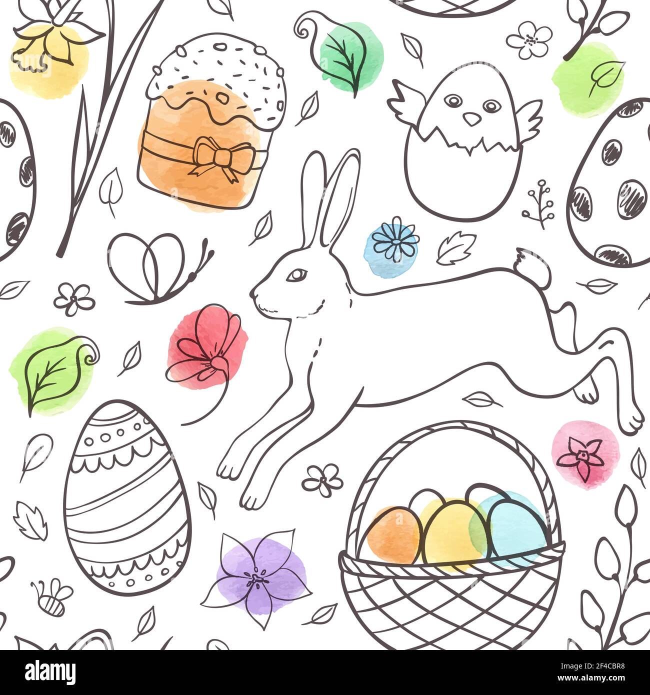 Hand drawn doodle Easter seamless pattern with rabbit and watercolor ...