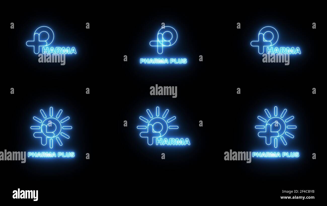 Set of Neon blue sign P logo banner background. P with plus and sun ...