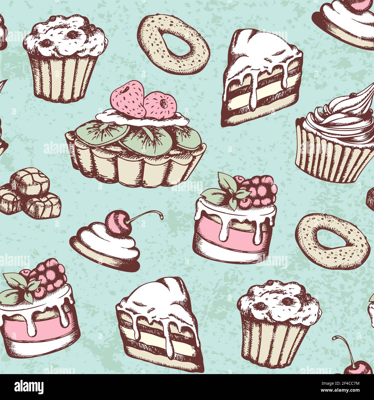 Hand drawn seamless pattern with candies and cakes in vintage style ...