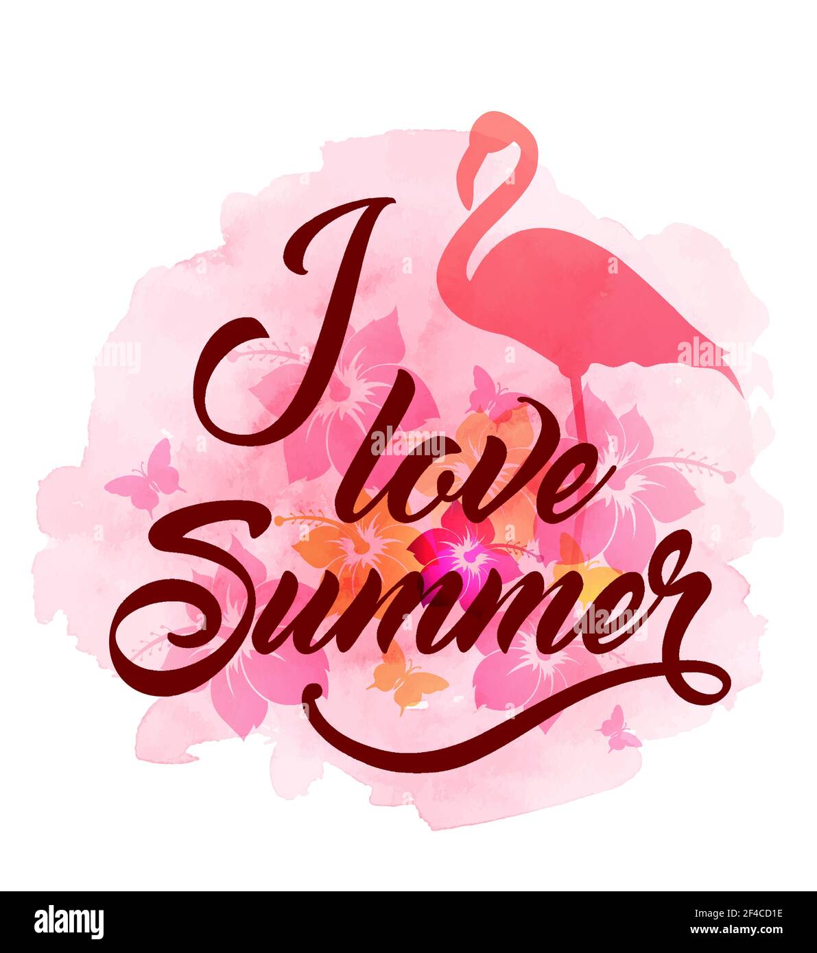 Abstract summer tropical background with pink flamingo, flowers, and ...