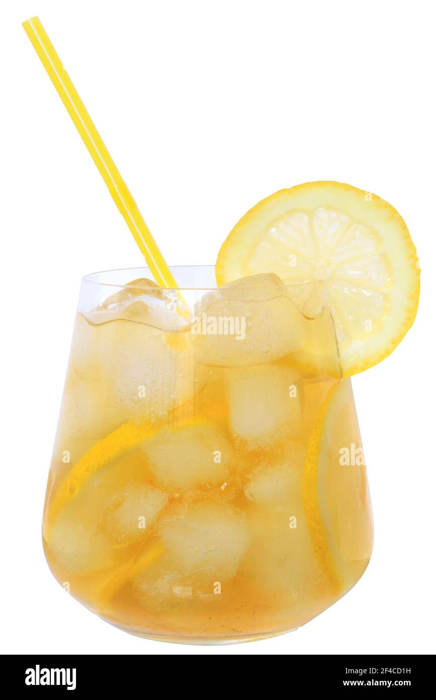 Lemonade with ice cubes on white background Stock Photo - Alamy