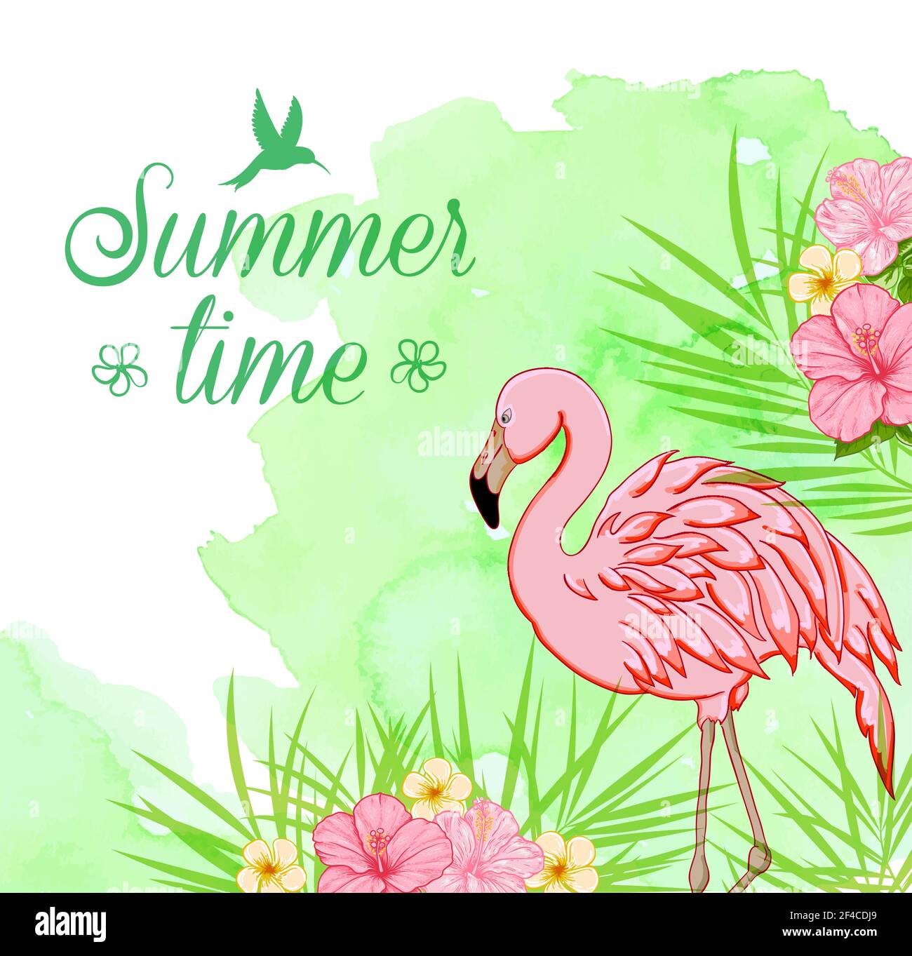 Summer tropical background with palm leaves, pink flamingo and green ...