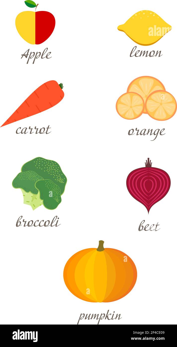 Set of autumn fruits and vegetables. Healthy food on a white background ...