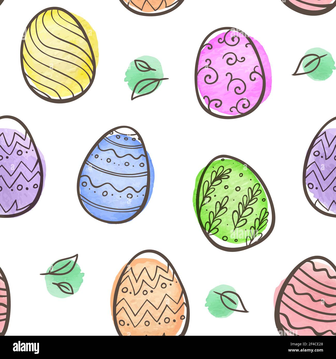Hand drawn doodle Easter seamless pattern with eggs and watercolor ...