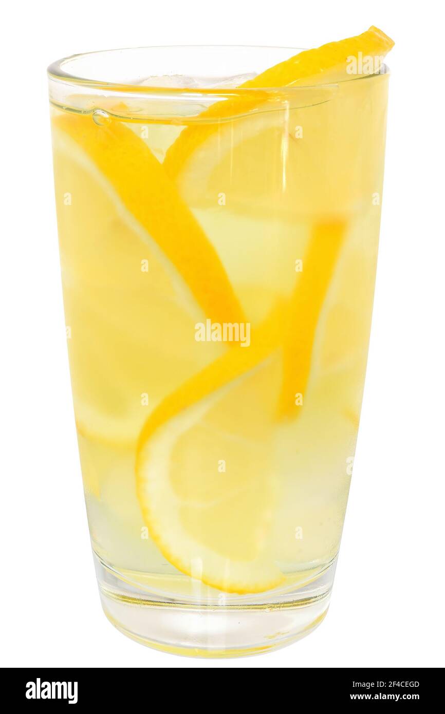 Lemonade with ice cubes on white background Stock Photo - Alamy