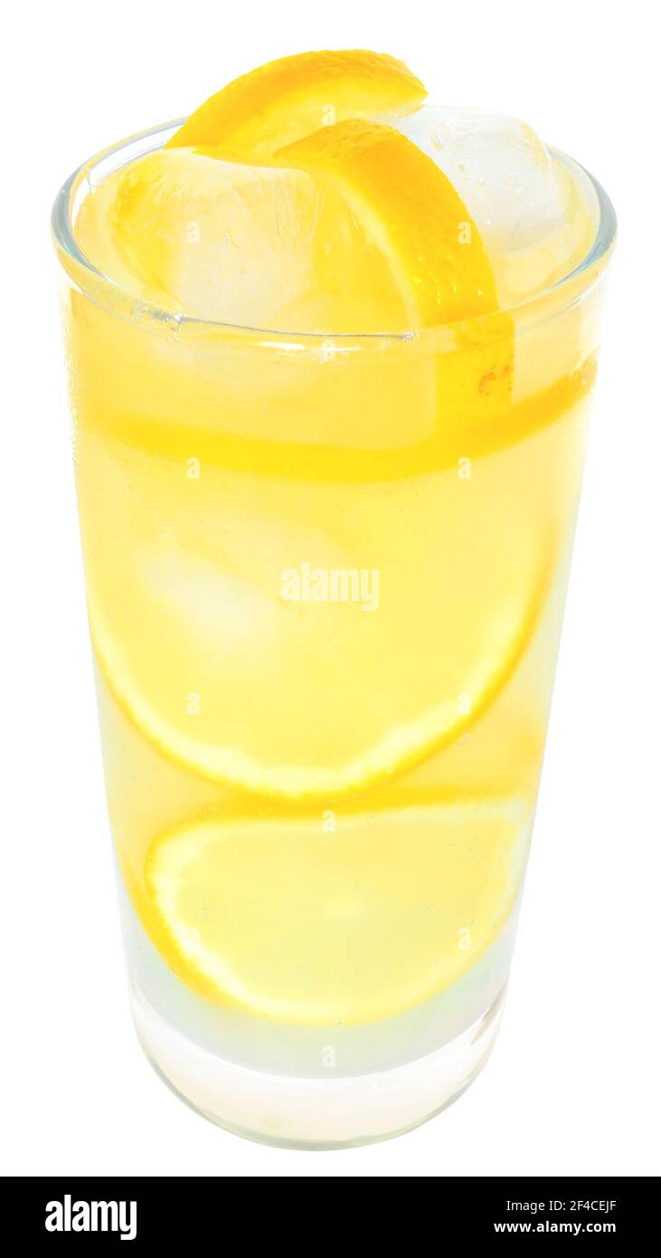 Lemonade with ice cubes and lemon isolated on white background Stock ...