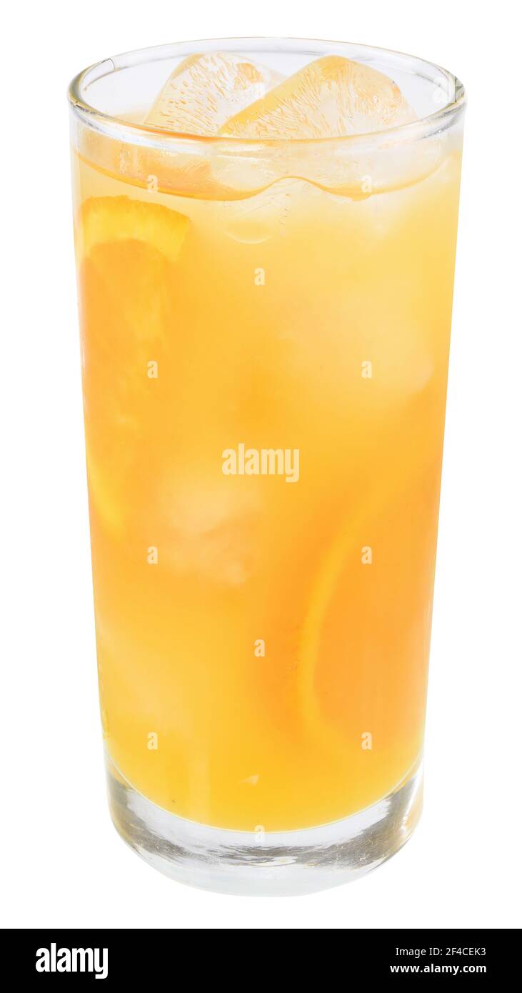 Cocktail with orange juice and ice cube in highball glass isolated on ...