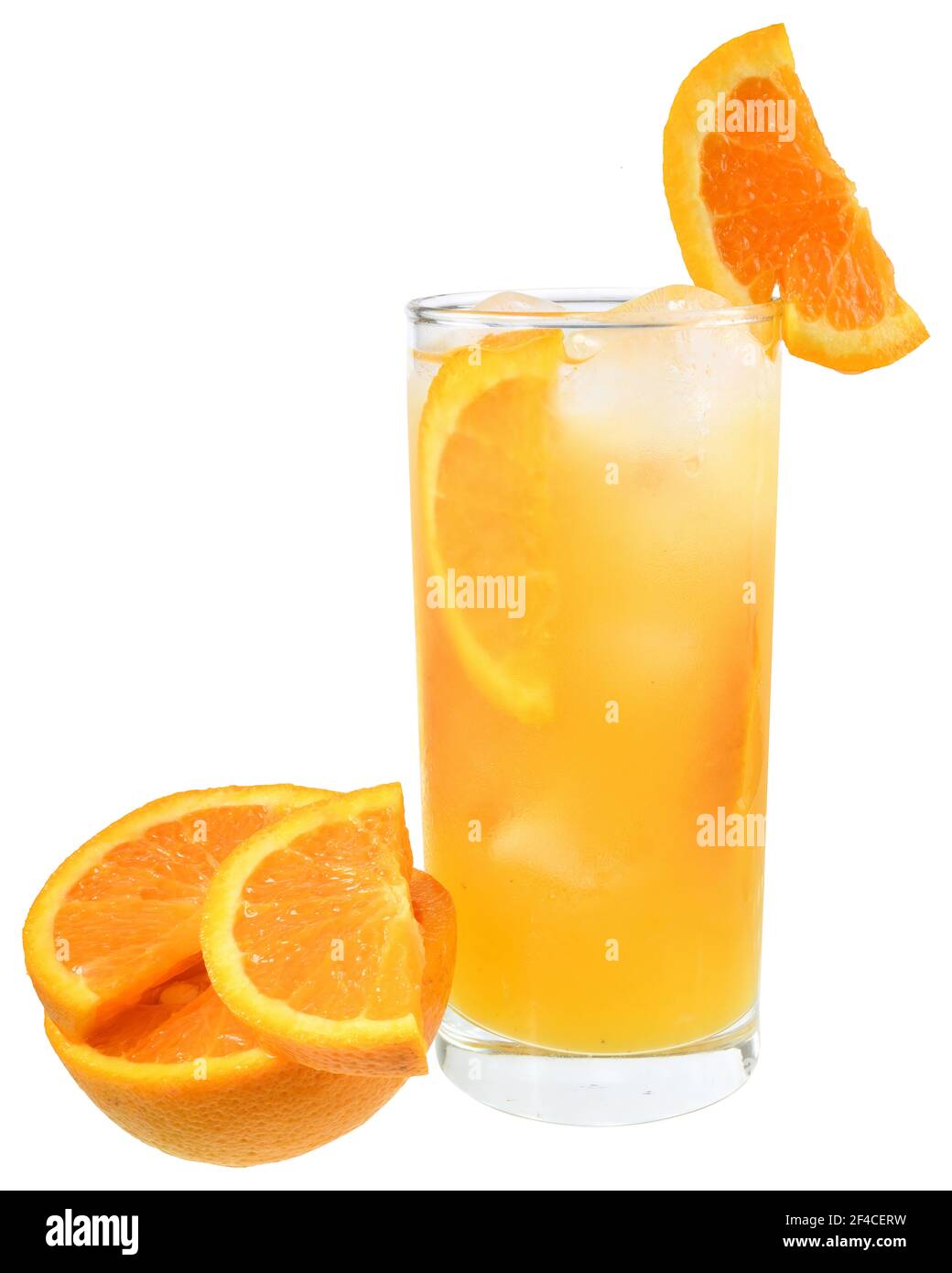Cocktail with orange juice and ice cube in highball glass isolated on white background Stock ...