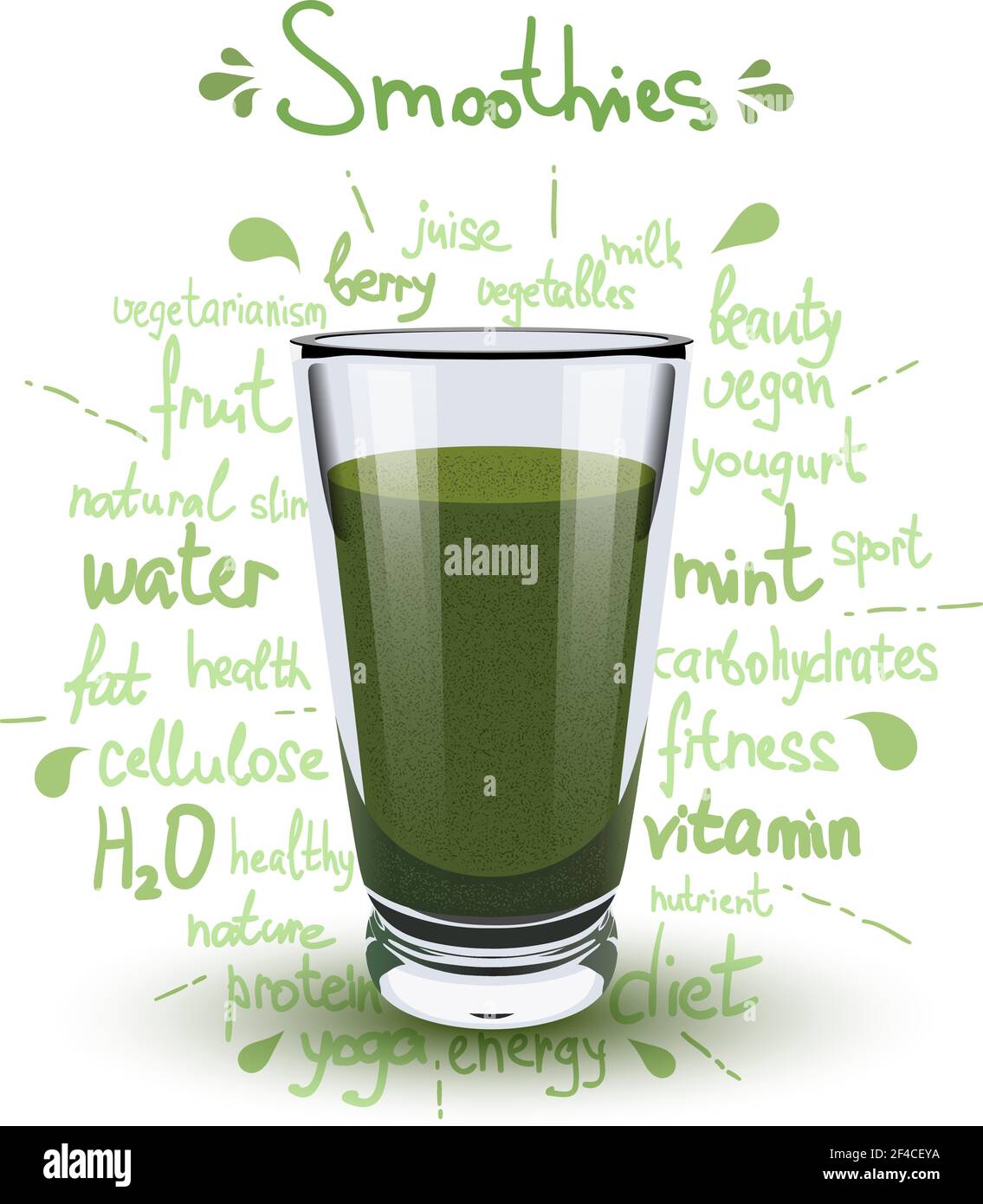 Vector illustration high glass cup with a green smoothies. Healthy ...