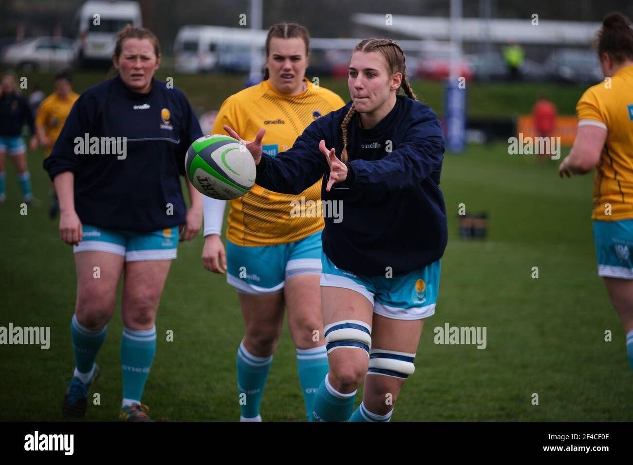 Gloucester, UK. 20th Mar, 2021. Worcester Warriors warm-up before the ...