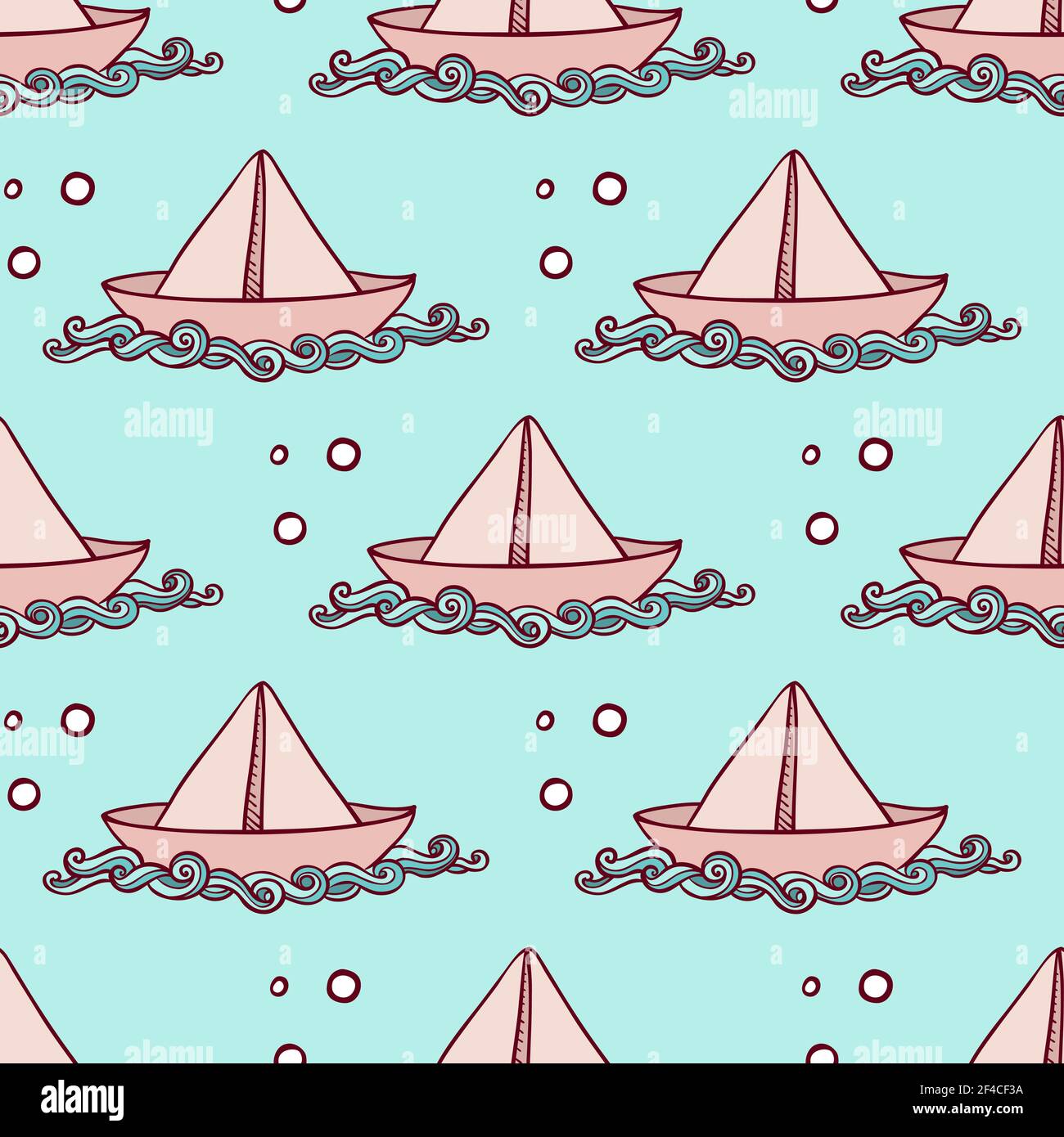 Marine seamless pattern with paper ship floating on the waves. Hand ...