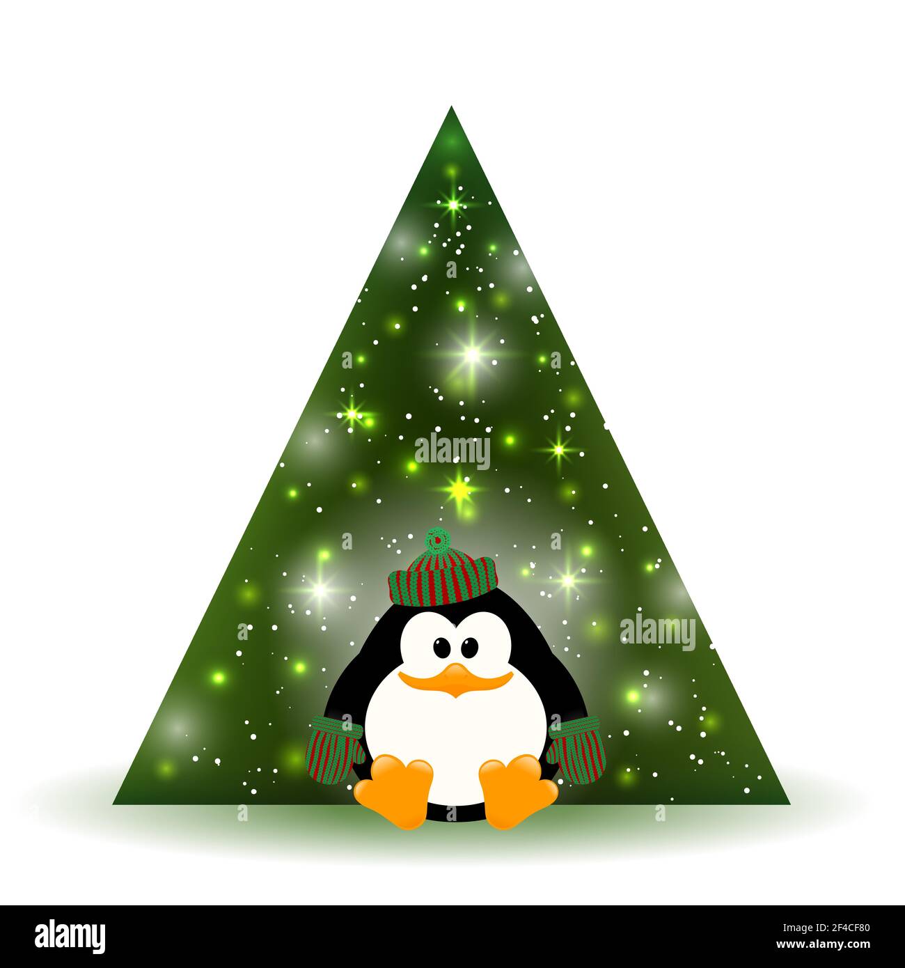 Vector illustration of cute young penguin near the Christmas tree on a ...